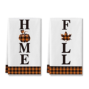 Artoid Mode Buffalo Plaid Edge Fall Leaves Pumpkin Home Kitchen Towels, 18 x 26 Inch Coffee Tea Bar Hand Towels Bathroom Gift Ultra Absorbent Set of 2