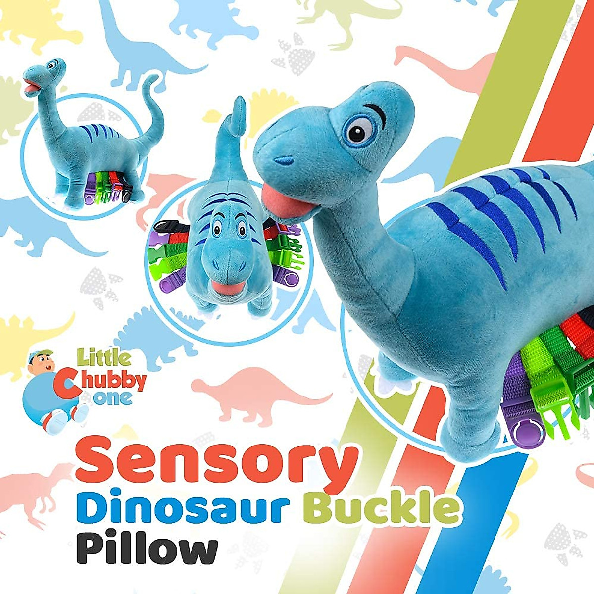 Little Chubby One Sensory Dinosaur Buckle Pillow - 11 Inch - Learning Activity Toy - Educational Toy Helps Develop Motor Skills Problem Solving Color and Number Recognition Ideal for Travel Great Gift
