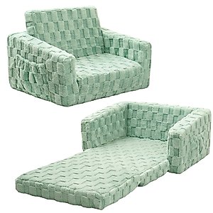MallSingel Kids Sofa, Toddler Chair, 2-in-1 Flannel Kids Fold Out Couch, Toddler Convertible Sofa to Lounger, Flip Open Toddler Couch for Kids(White) (Green)