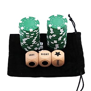 Left Right Center Dice Game Set with 3Pcs Beech Wood Dices + 36Pcs 11.5g Poker Chips (Green)