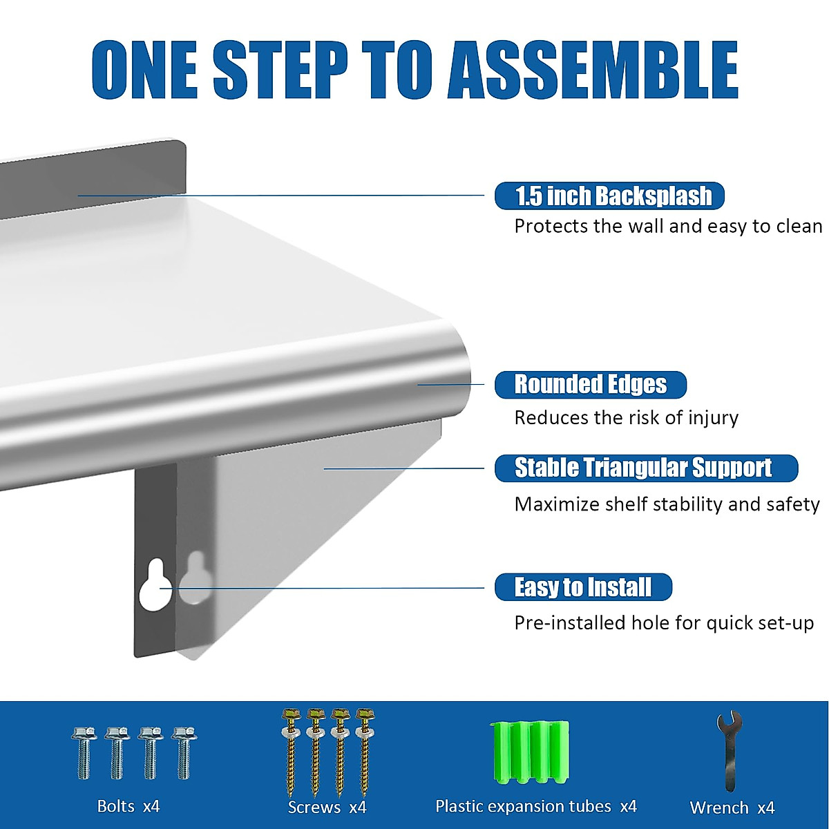 Chingoo Stainless Steel Shelf 12" x 48", 350 lb Wall Mounted Commercial Stainless Steel Shelves Metal Shelving for Restaurant, Bar, Utility Room, Kitchen and Garage