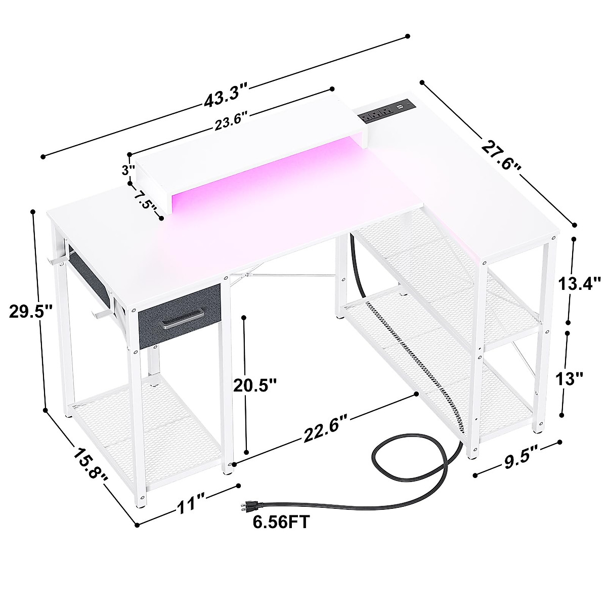 Homieasy L Shaped Desk with Monitor Stand & Drawer, Corner Gaming Desk with LED Strip & Power Strip, Modern Simple Home Office Computer Desk with Storage Shelves, Grey