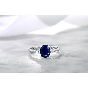 Gem Stone King 10K White Gold Blue Sapphire and White Created Sapphire 3-Stone Engagement Ring | 1.89 Cttw | 3 Stone Wedding Engagement Anniversary Promise Ring For Women (Size 9)