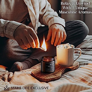 Set of 3 4oz Scented Candles for Men Gift Set | by The Fire | Woodwick Crackling Masculine Scent Candles | Manly Tobacco, Fire & Mahogany Teakwood Soy Candles | Unique Gift