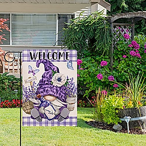 Dyrenson Welcome Spring Gnome Lavender Anemone Flower Decorative Garden Flag, Purple Buffalo Plaid Check Butterfly Floral House Yard Outside Decorations, Summer Farmhouse Outdoor Small Decor 12x18