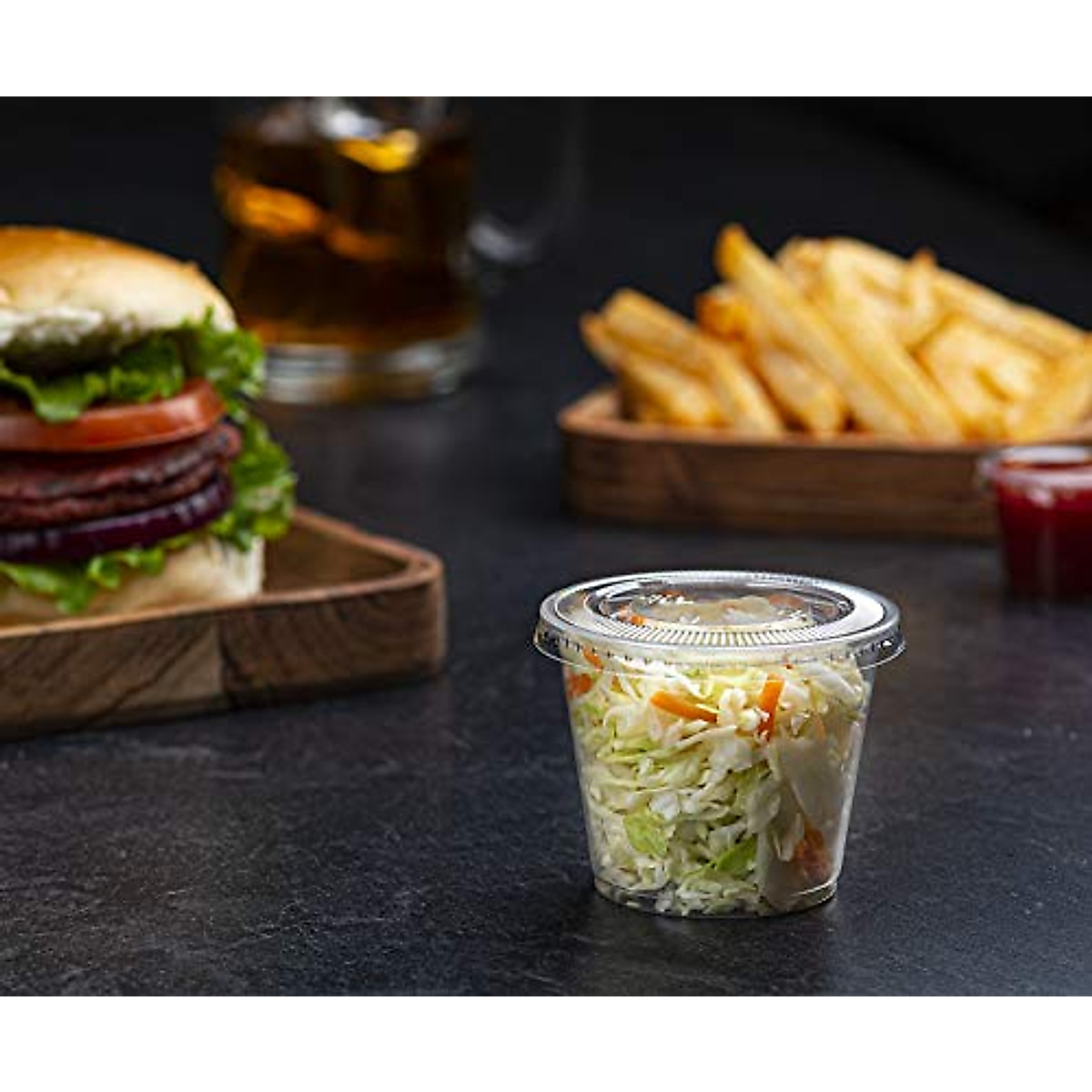 Plastimade Clear Disposable Plastic Portion Cups With Lids (100 Sets - 5.5 Oz) - Disposable Condiment Cups, Thanksgiving Sauce/Dip/Dressing Cups, Souffle Cups & Jello Shot Cups With Lids