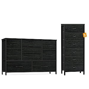 Furnulem Tall Dresser with 6 Drawers and Wide Dresser with 9 Large Drawers for 55'' Long TV Stand for Bedroom,Living Room,Closet,Entryway,Sturdy Metal Frame (Black Oak