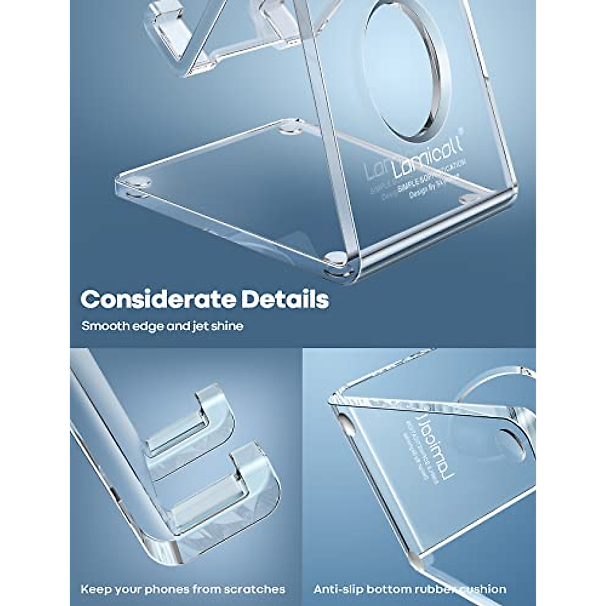 Lamicall Acrylic Phone Stand Desk Accessories - Clear Office Cell Phone Holder, Transparent Phone Stand for Desk, Desktop, Office Desk Accessories, Suitable for iPhone Accessories, 4-8'' Phone
