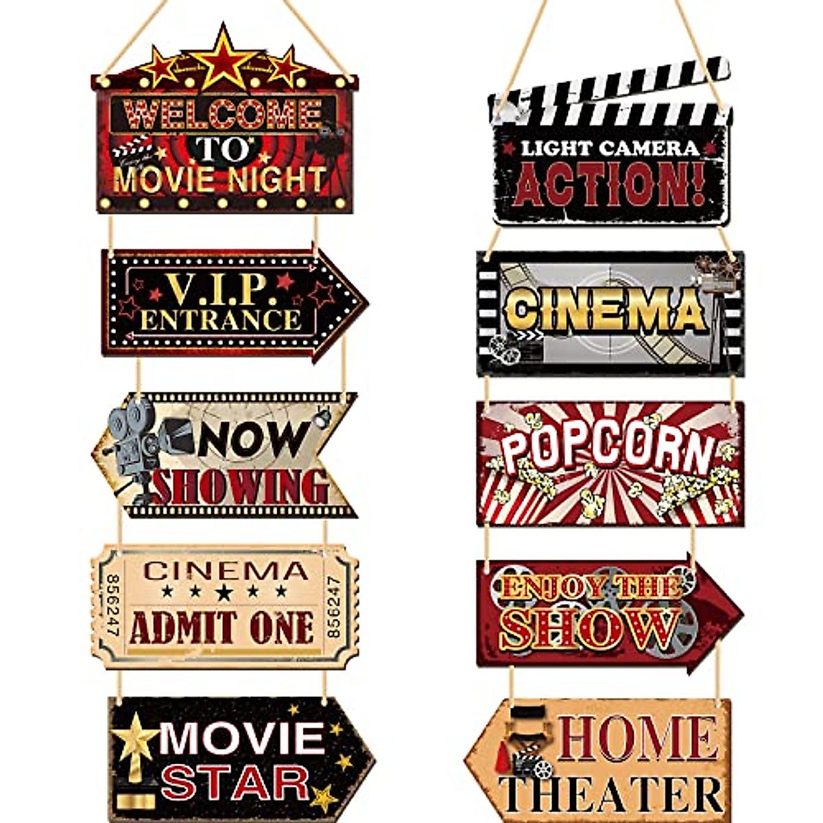 Vintage Wooden Movie Theater Decor – 10-Piece Rustic Wall Art Set