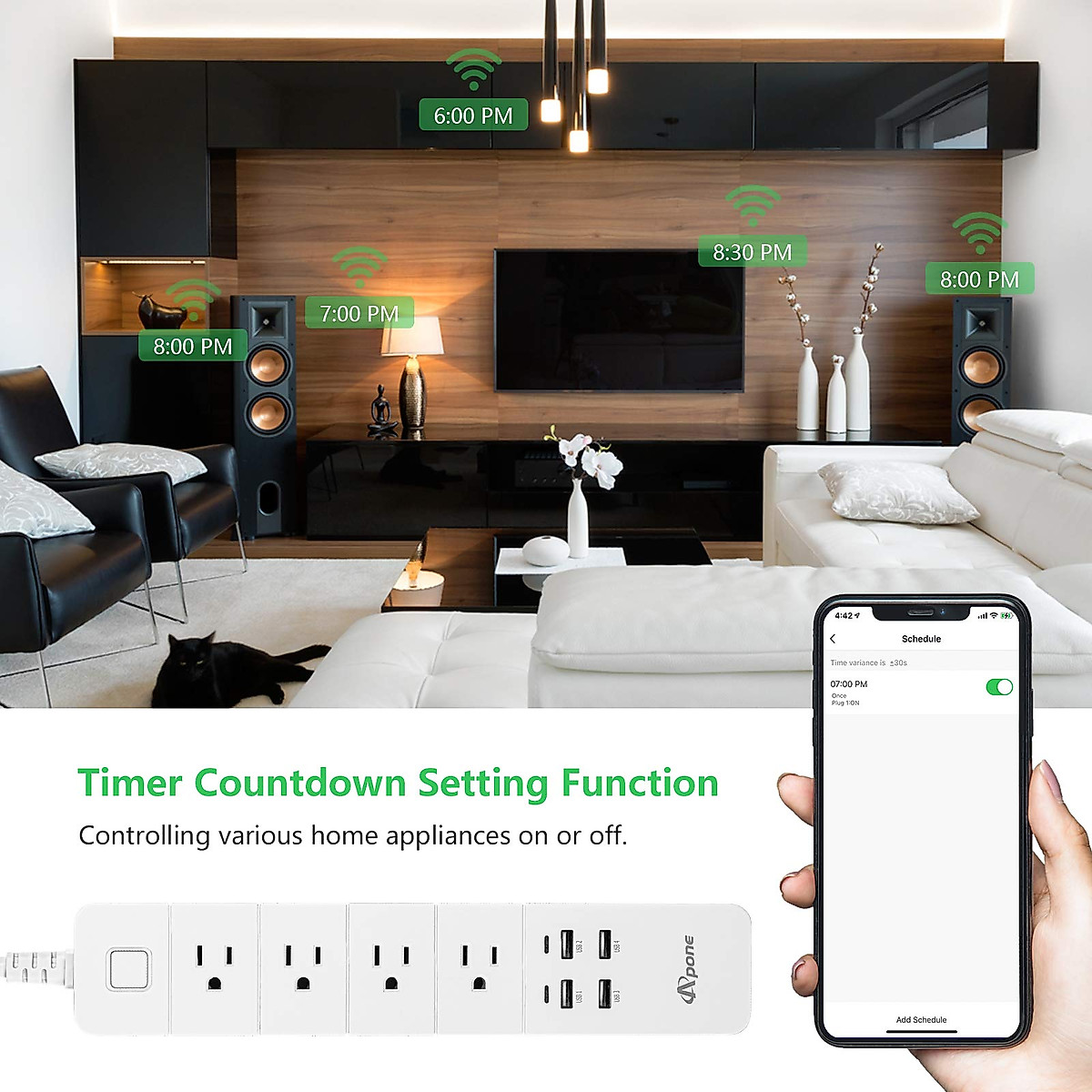 Smart Plug Power Strip Surge Protector with 4 Individually Controlled Apone Smart Outlets and 4 USB Ports, Compatible with Alexa & Google Home, No Hub Required
