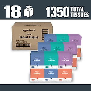 Amazon Basics Facial Tissue with Lotion, 75 Tissues per Box, 18 Cube Boxes (1350 Tissues total) (Previously Solimo)