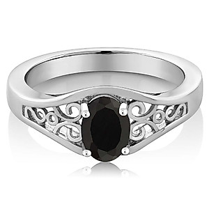 Gem Stone King 925 Sterling Silver Black Onyx Solitaire Ring For Women (0.68 Cttw, Gemstone Birthstone, Oval 7X5MM, Available In Size 5, 6, 7, 8, 9)
