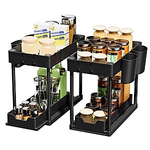 MadebyGNL Under Sink Organizer, Black, ABS Plastic, Slide-Out Basket, 2-Tier, 4 Hooks, 2 Cups, No Tools Required, Easy Setup, Damp Cloth Wipe, Wide Application, After Sales Service