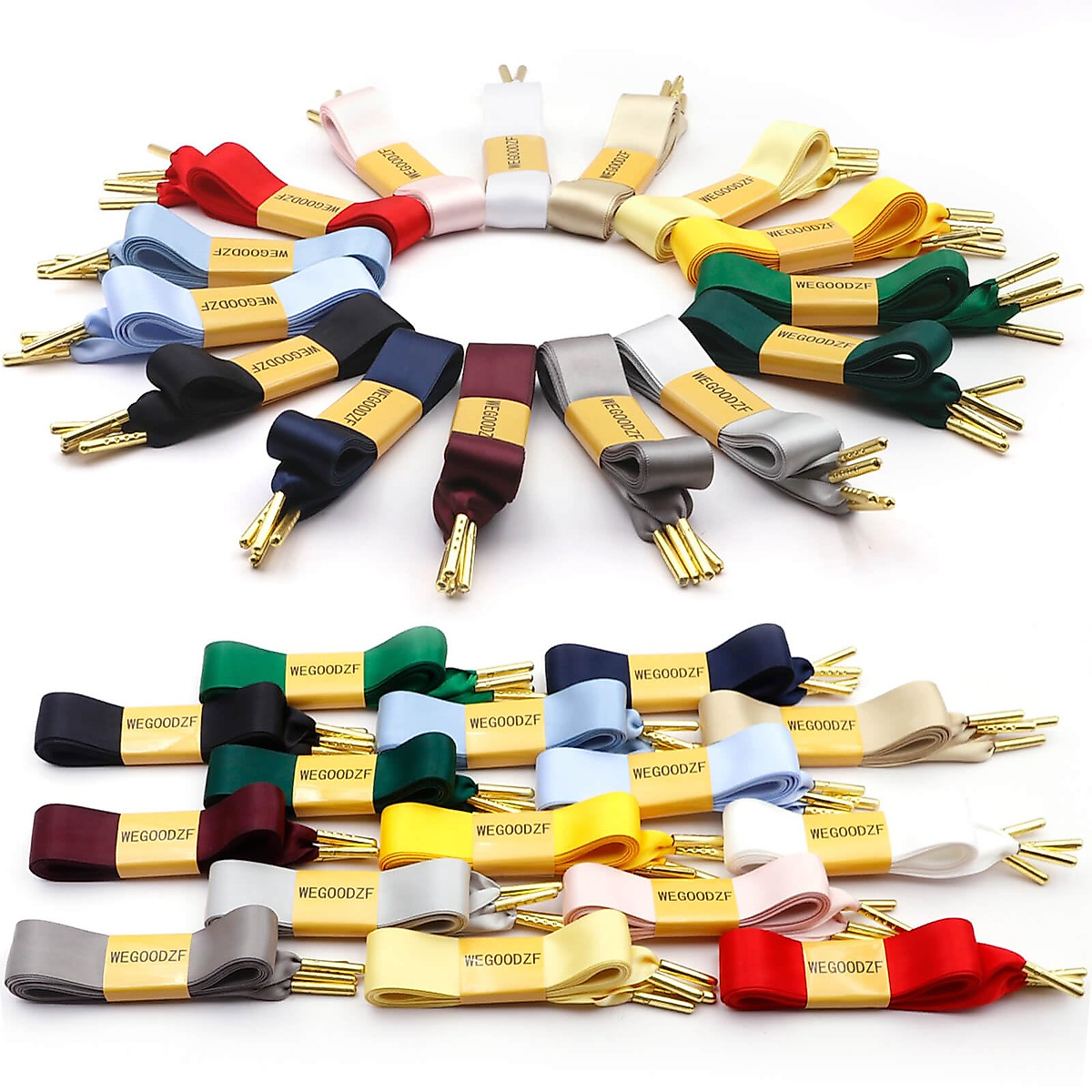 WEGOODZF Ribbon Satin Sneakers Shoelaces: 2 Pair 22mm Wide 47 inch Yellow + Gold Metal Tips Flat Silk Shoe Laces