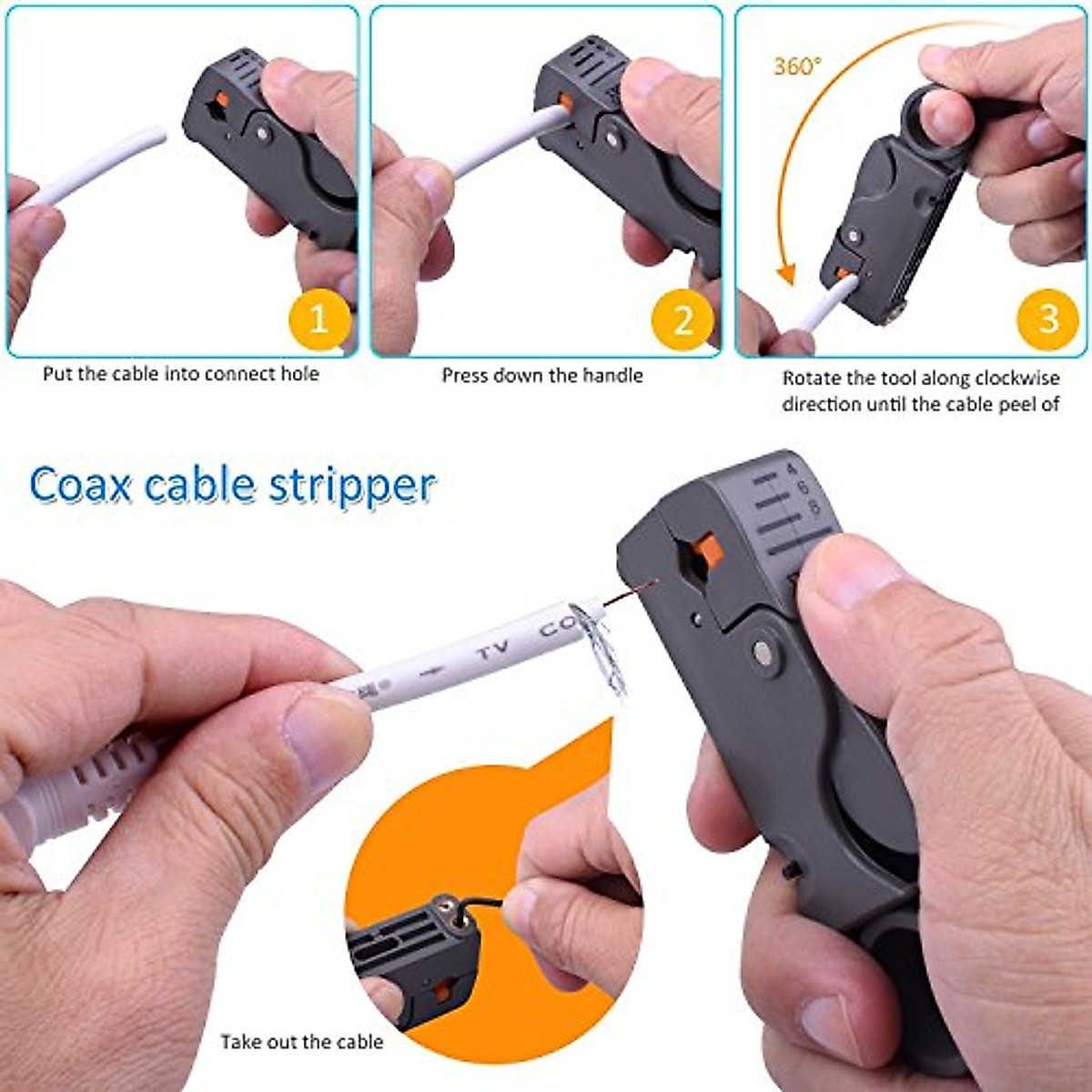 Gaobige Coax Cable Crimper Kit Tool for rg6 rg59 Coaxial Compression Tool Fitting Wire Stripper with Gaobige 10pcs F Compression connectors - Grey