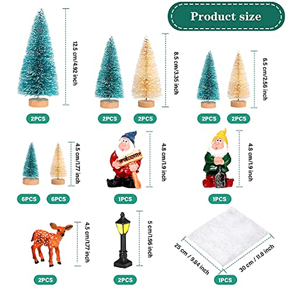 Yerliker 28 Pieces Christmas Mini Miniature Village Accessories Artificial Trees Street Lamps Santa Snow Houses Elk for Miniature Scenes Village Displays (Lake Blue and Beige,Gnome Style)