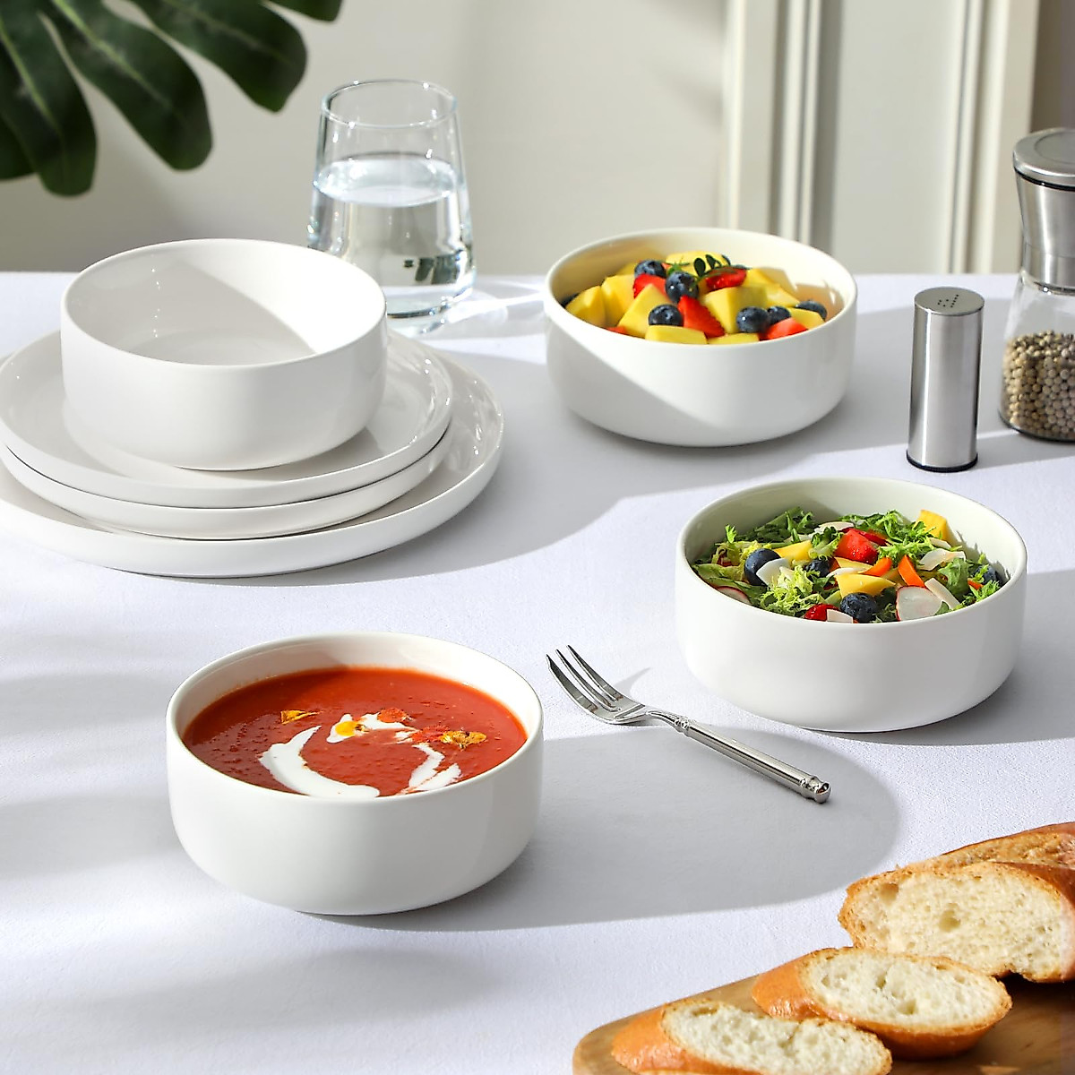 MALACASA 24 OZ Cereal Bowls, Porcelain Soup Oatmeal Bowls Kitchen Ceramic Bowls Set of 4 Dishwasher Microwave Oven Safe, White, Series LUNA