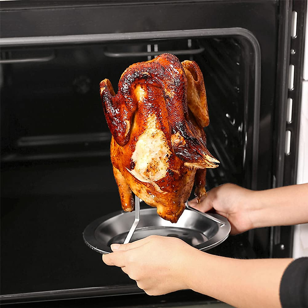 Wusteg Chicken Roasting Rack with Non-Stick Grill Pan Sturdy Stainless Steel Poultry Turkey Holder Vertical Roaster Pan Duck Holder Grill Stand Roasting for Home & Camping Oven, BBQ Cooking