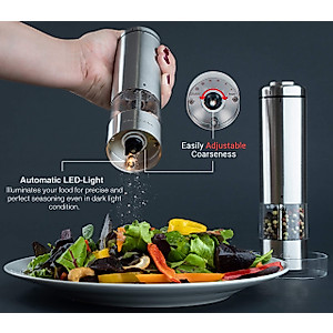Electric Salt and Pepper Grinder Set by Intense Kitchen - Battery Operated Stainless Steel with Light & Clear Container Mills (2)- Adjustable Ceramic Coarseness - Fast Powerful Mill - One Hand Shakers