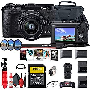 Canon EOS M6 Mark II Mirrorless Digital Camera with 15-45mm Lens and EVF-DC2 Viewfinder (Black) (3611C011) + 64GB Tough Card + Case + Filter Kit + Corel Photo Software + LPE17 Battery + More (Renewed)