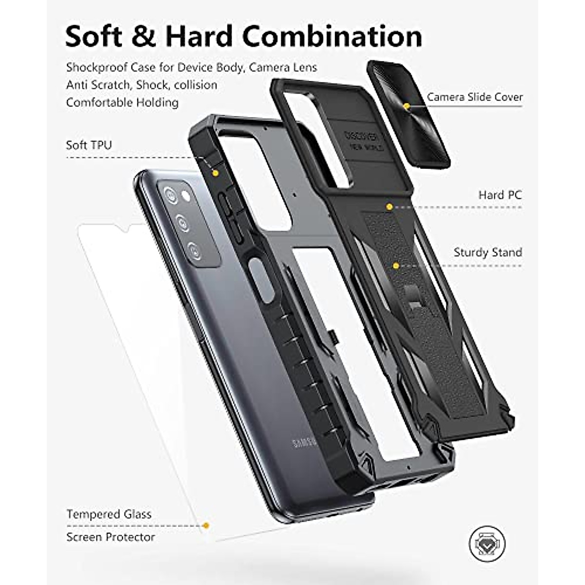 for Samsung Galaxy A03s Protective Case: Military Grade Drop Proof Full Protection Mobile Phone Cover with Kickstand | Durable Rugged Shockproof TPU Matte Textured Tough Bumper Shell