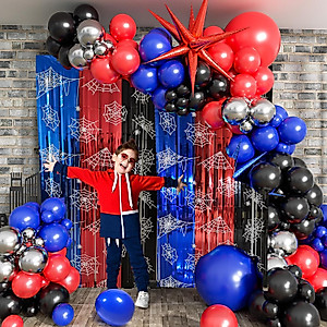 Spider Web Birthday Decorations Backdrop 2 Pack Spider Party Supplies Red Blue and Black Halloween Tinsel Foil Fringe Curtains Party Streamers Background for Boys Spider Theme Party Decorations