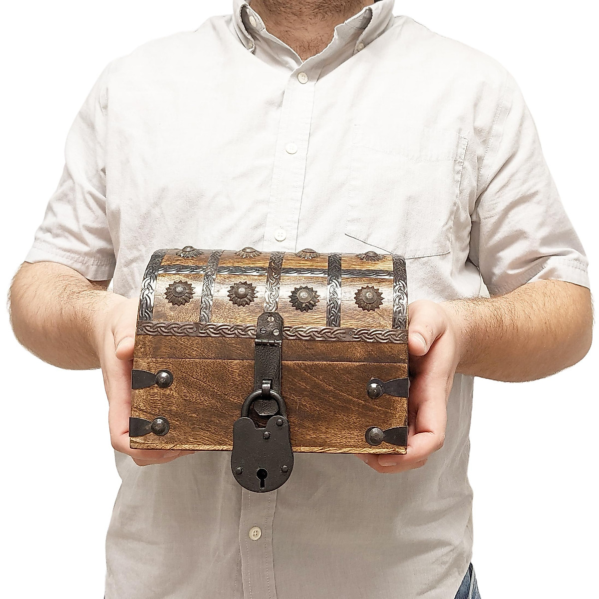 SciencePurchase Pirate's Treasure Chest Wooden Nautical Jewelry Box with Functional Lock and 2 Keys, Wood with Iron Accents, Hinged Lid, 8 Inches Long