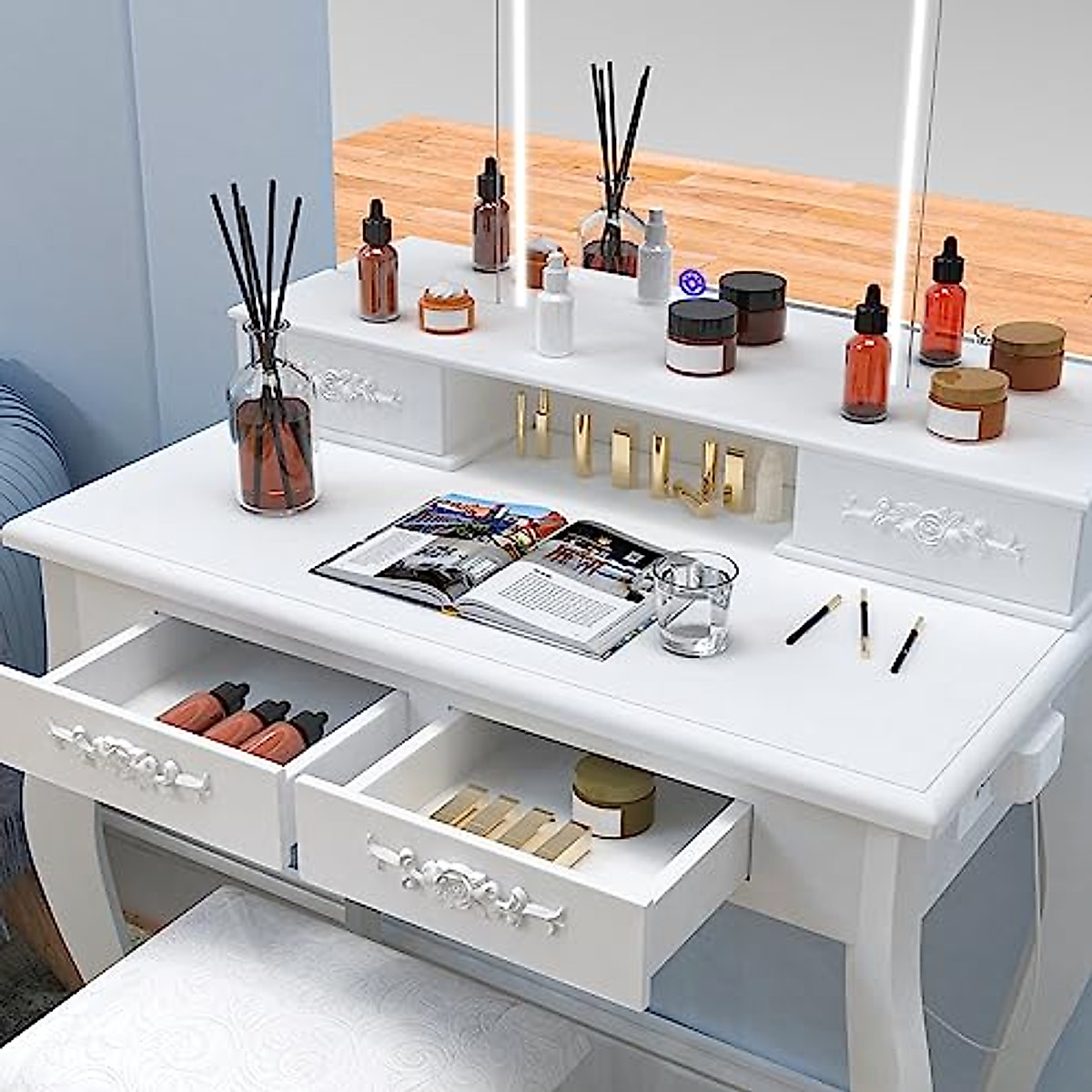 JIFULI Modern Vanity Table Set with Lighted Mirror & Power Outlet, Makeup Table with 4 Drawer, Embedded Lights Dressing Vanity Table with Cushioned Stool for Bedroom, White