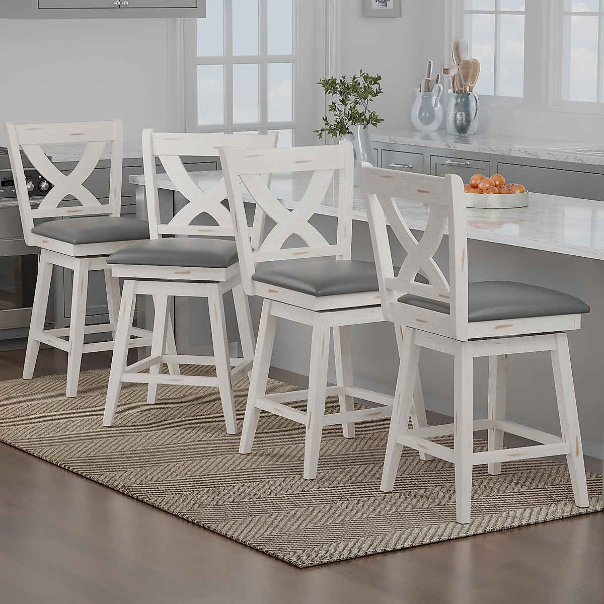 MU Bar Stools Set of 4, 24" Seat Height Counter Height Swivel Barstools with X-Back, Upholstered 360 Degree Swivel Dining Chair with PVC Cushioned Seat, Footrest & Wood Legs, White