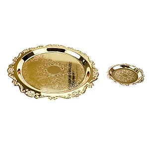 Quluxe Vintage Round Metal Food Serving Tray, 2 Pcs Reusable Decorative Appetizer Platter for Kitchen, Party, Centerpiece Display- Gold (4 Inch+10 Inch)