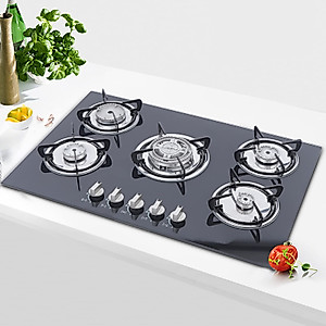 30 Inch Gas Cooktop 5 Burners Gas Stove Gas Hob Stovetop Tempered Glass Cooktop Cast Iron Grates Built-in Gas Stove Top LPG/NG Gas Cooktop Flameout Protection (5 Burners, 30'' x 20'')