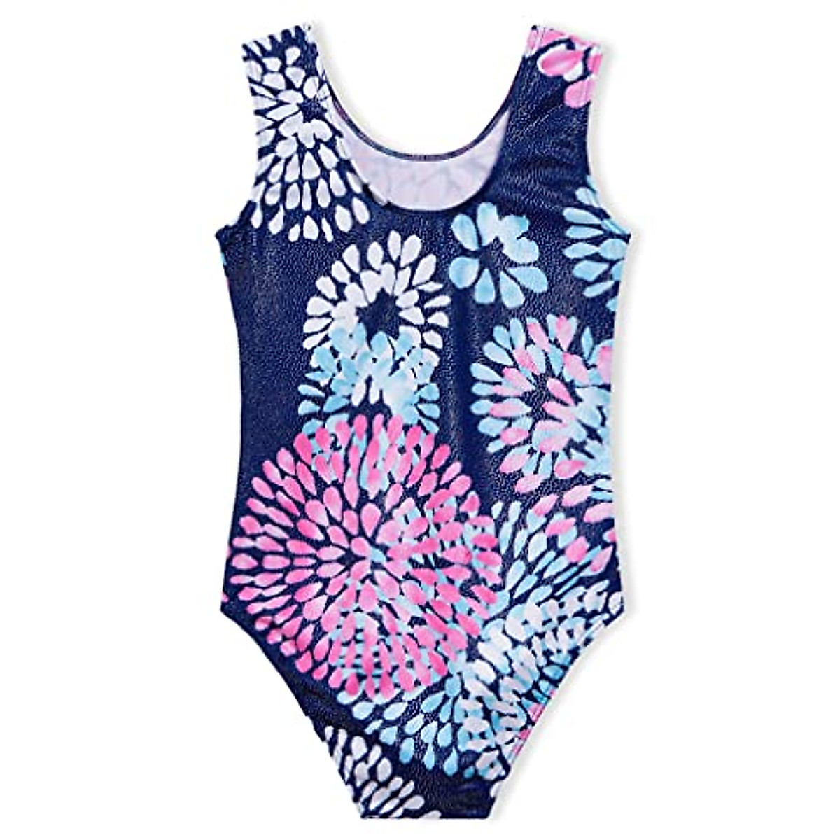Domusgo Girls Gymnastics Leotards Shiny Round Flowers Blue One-Piece Kids Dance Sleeveless Tank (7/8 Years)