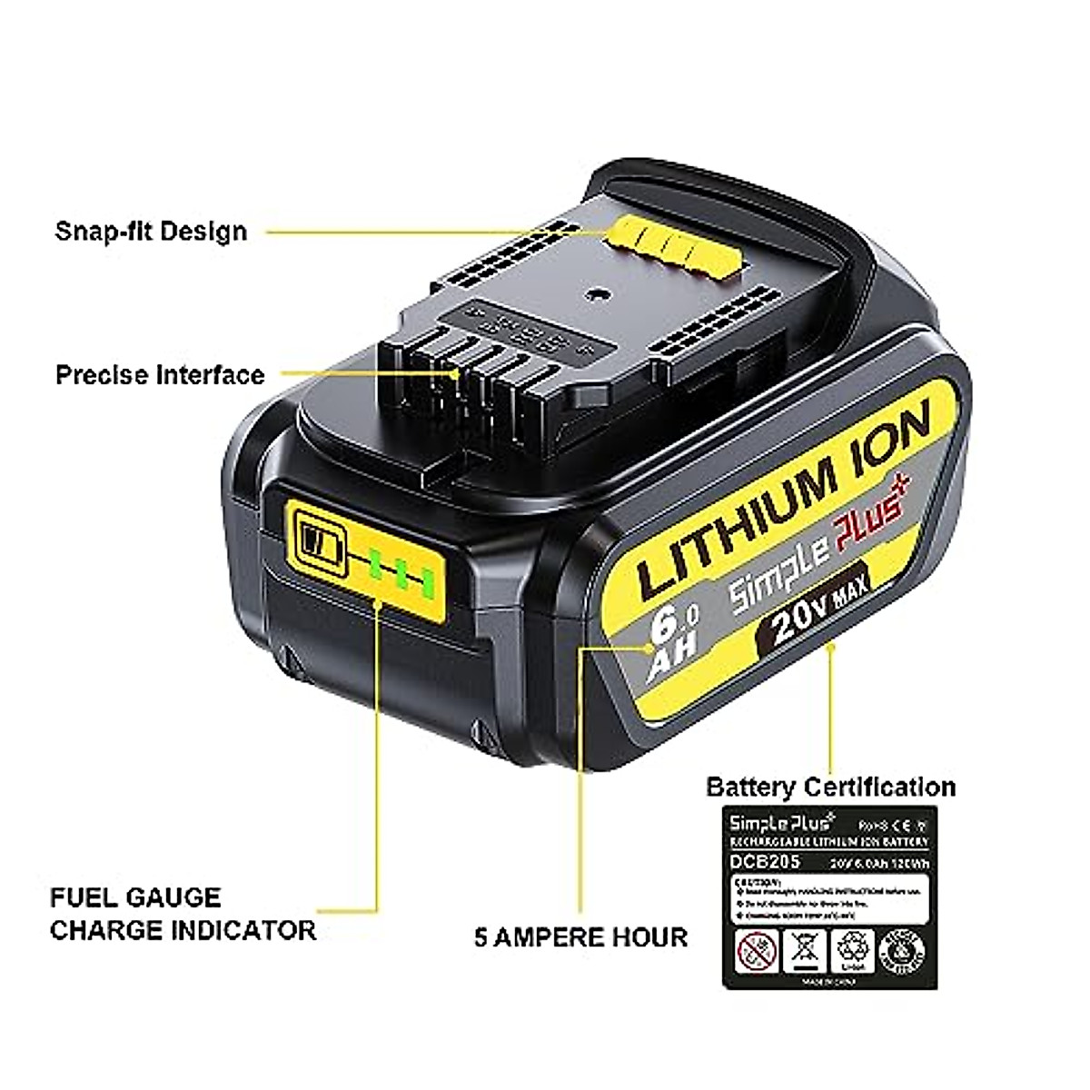 Simple Plus+ 2 Packs 20V 6.0Ah Replacement Battery for Dewalt 20V Compatible with Dewalt DCB200 DCD DCF DCG Series Cordless Power Tools