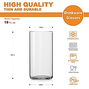 LUXU Drinking Glasses 19 oz, Thin Highball Glasses Set of 4,Clear Tall Glass Cups For Water, Juice, Beer, Drinks, and Cocktails and Mixed Drinks