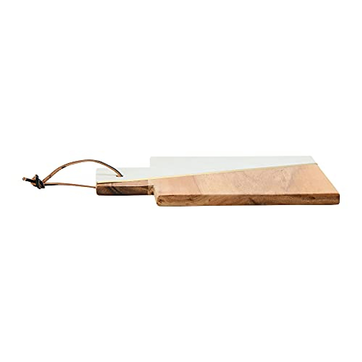 Boho 2-Tone Marble and Acacia Wood Charcuterie or Cutting Board with Brass Inlay and Leather Tie, White and Natural