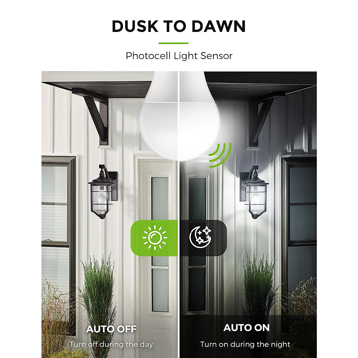 LOHAS Dusk to Dawn Light Bulbs Outdoor, Light Sensor Bulb 60W Equivalent, A19 LED Bulb Daylight 5000K, 9W Photocell Sensor LED, 900LM Auto On/Off Porch Light, E26 Base for Garage, 2Pack