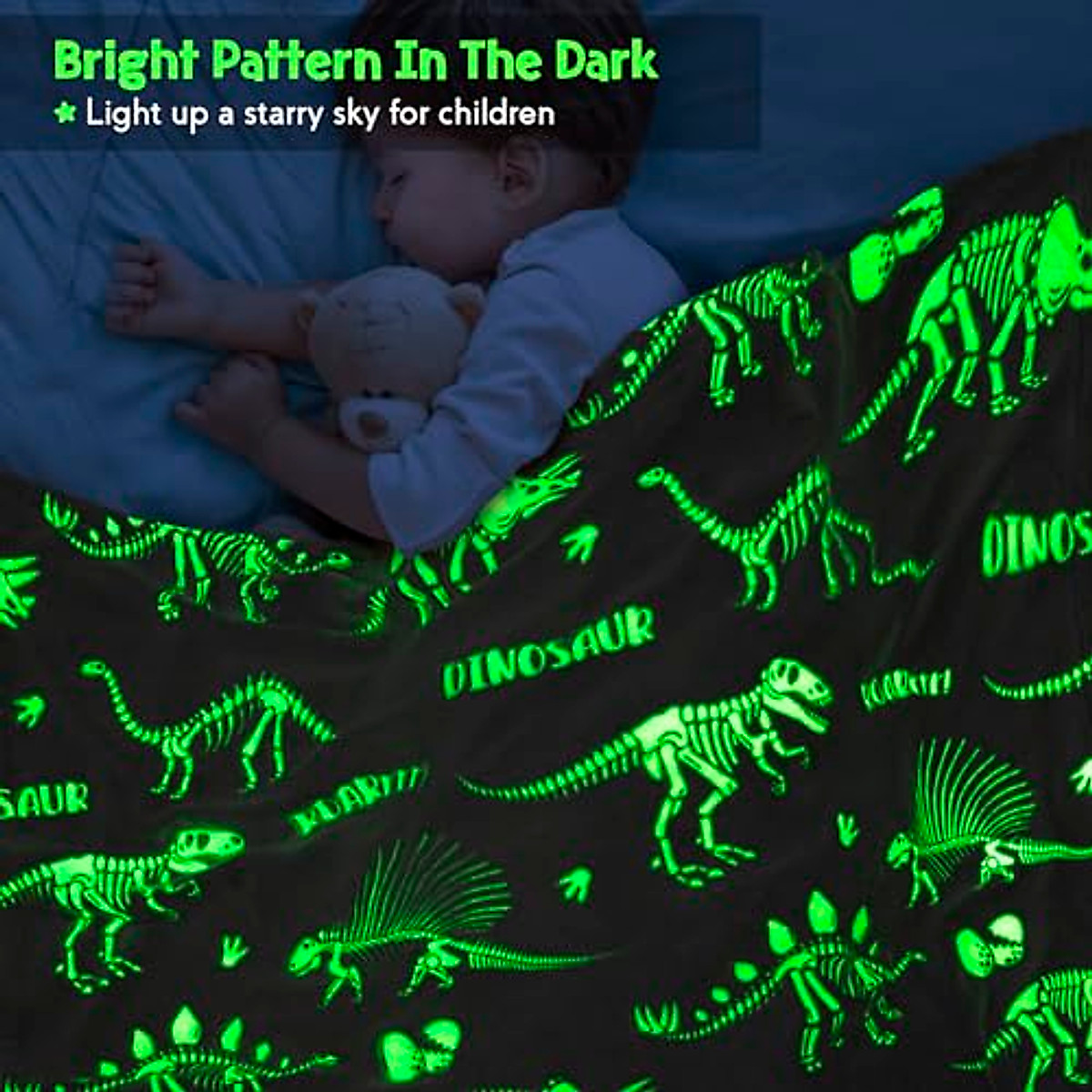 Dinosaur Gifts Toys for Kids Boys - Glow in The Dark Dino Blanket Toddler Teen Girls Birthday Christmas Valentines Presents for Age 2 3 4 5 6 7 8 9 10 Years Old Children Adults Throw Gray 50"x60"