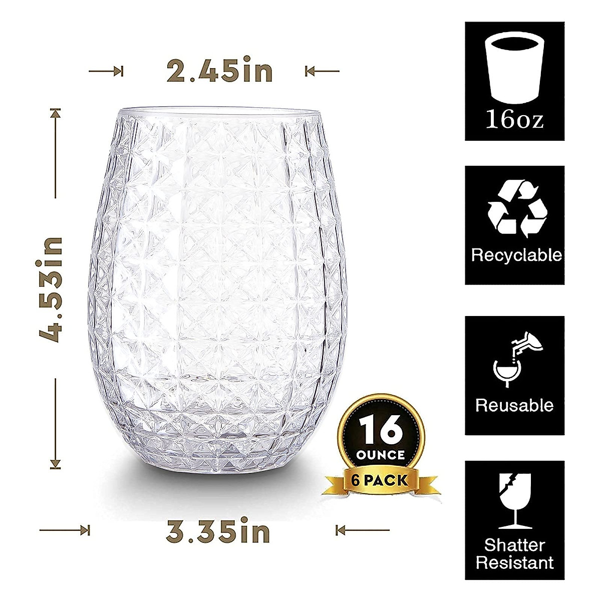 HOMIP Plastic Wine Glasses Stemless Set of 6: 16 oz Whiskey Cocktail and Fruit Juice Drinking Glass - Plastic Cups Unbreakable Reusable & Recyclable for Outdoor Pool Party Wedding