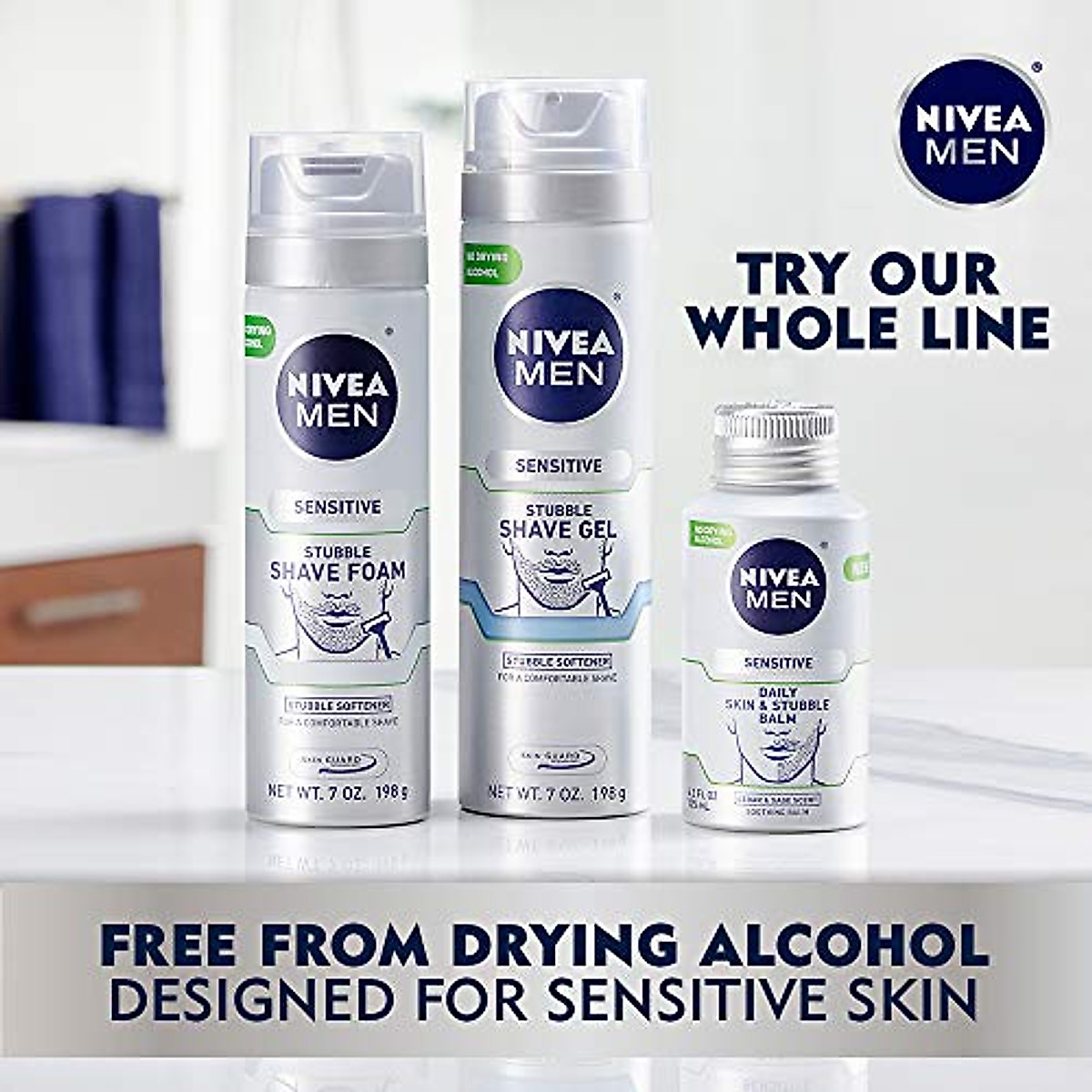 Nivea Men Sensitive Skin & Stubble Shave Gel - Pack Of 3 With Beard Softener for Men - 7 Oz. Can, 21 Ounce