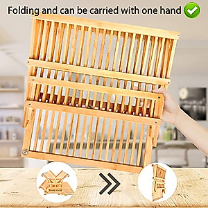 ZROOY Bamboo Dish Drying Rack with Utensil Holder Set,3-Tier Collapsible Wood Dish Drying Rack for Kitchen,Folding Bamboo Drying Rack with Utensils Flatware Holder,Space-Saving Storage with Foldable