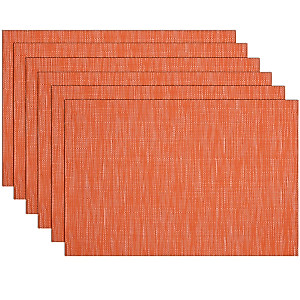 SHACOS Vinyl Placemats Set of 6 Durable Wipe Clean Place Mats Stain Resistant Heat Resistant Indoor Outdoor PVC Weave Table Mats (6, Orange)