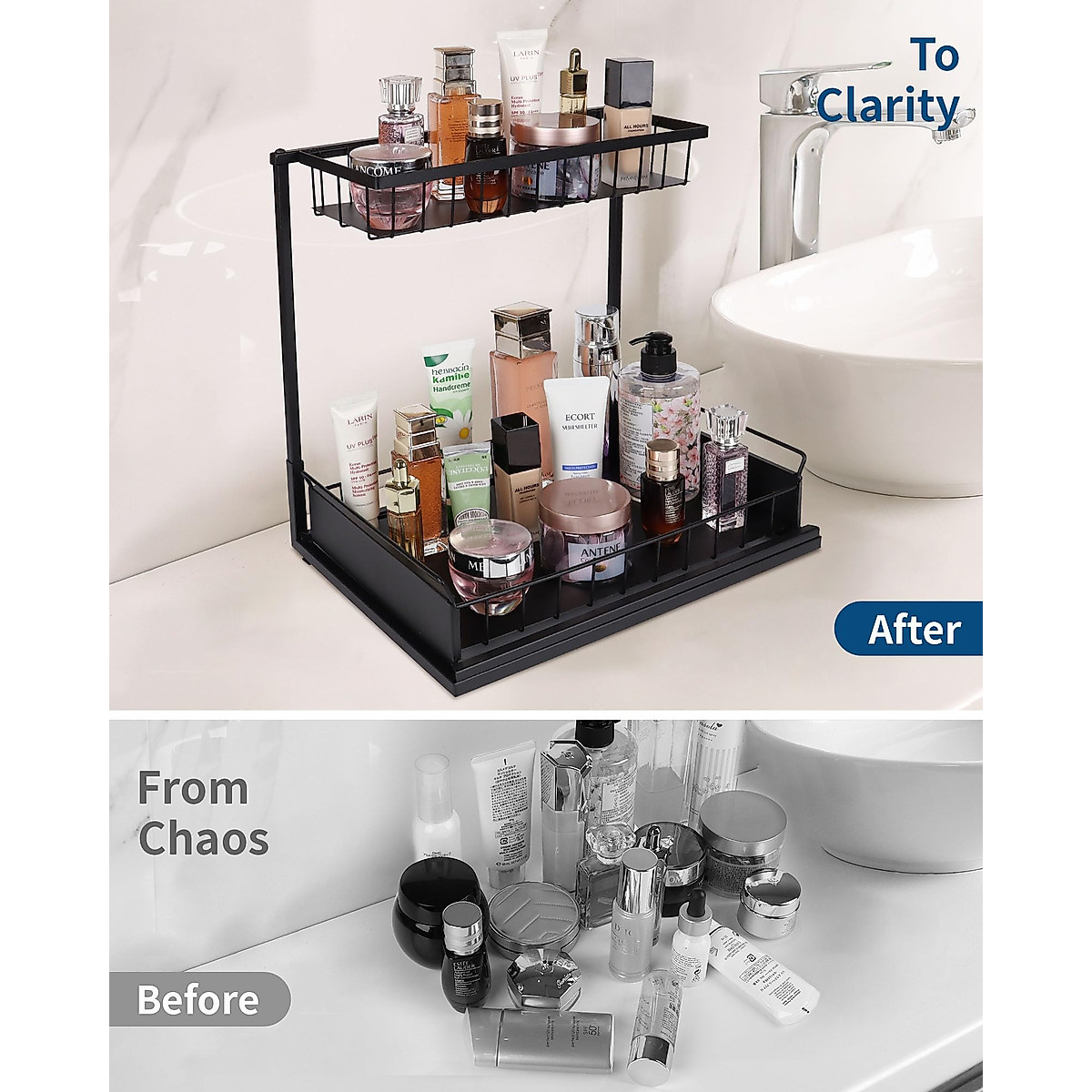 2-Tier Under Sink Organizer, Metal Tiered Sliding Shelves for Kitchen, Laundry Room, and Bathroom, Holds up to 50 lbs with 4 Anti-Slip Rubber Pads, Black