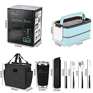 PVSpro JUST FOR YOU Bento Box Set with Insulated Tote, Mug & Cutlery Set, Stackable Bento Box for Lunch, Bento Kit Lunch Box with Handle, Large Bento Lunchbox Container, Japanese Bento (Sky blue)