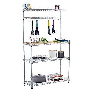 TRINITY EcoStorage Bakers Rack and Pantry Organizer with 3 Shelves, Removable Bamboo Work Surface, and Hooks for Kitchen Organization and Food Preparation, Chrome, 36” W x 14” D x 60” H
