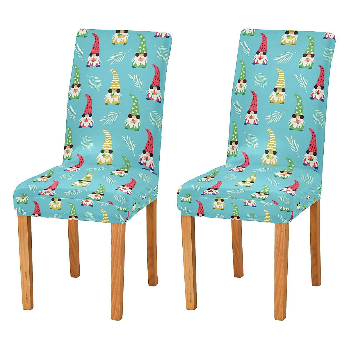 JUNZAN Cute Summer Gnomes with Sunglasses Tropical Plant Blue Chair Back Covers Set of 4 Spandex Folding Chair Covers Large Dining Chair Cover for Folding Chairs Dinning Room