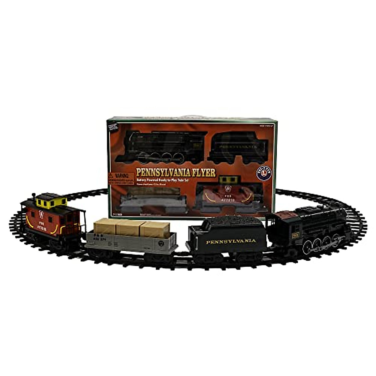 Lionel Battery-Operated Pennsylvania Flyer Freight Toy Train Set with Locomotive, Train Cars, Track & Remote with Authentic Train Sounds, & Lights for Kids 4+