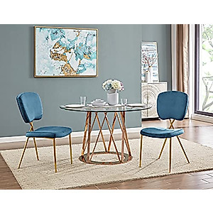 Iconic Home Chrissy Dining Side Chair Velvet Upholstered Half Back and Seat Solid Gold Tone Metal Legs (Set of 2) Modern Contemporary, Blue