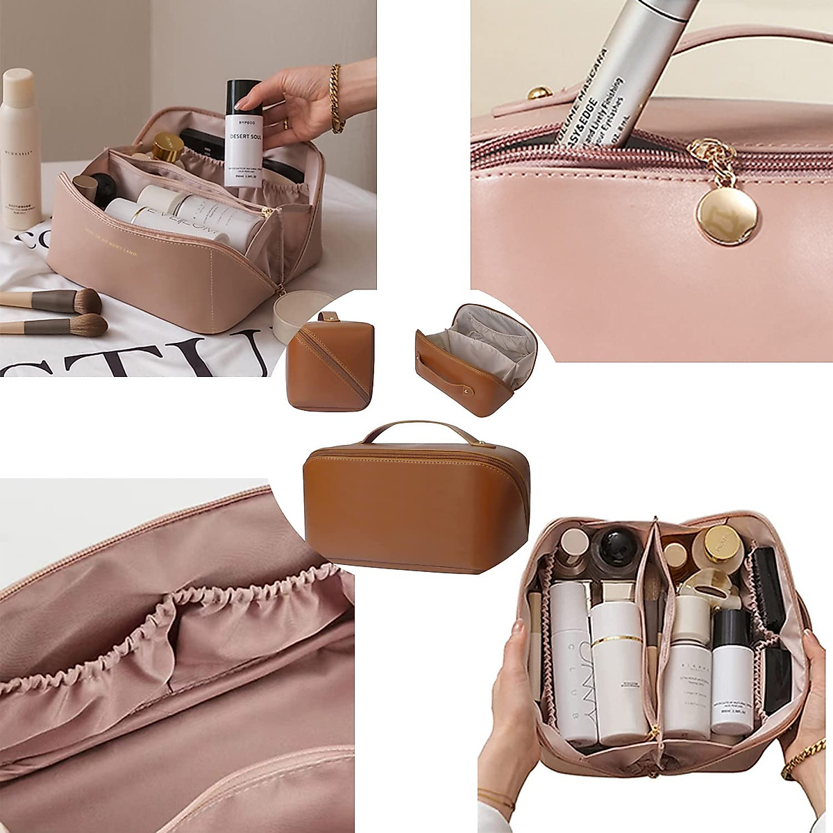 WOPLQA Large Capacity Travel Cosmetic Bag,Leather Multifunctional Storage, with Handle and Divider Travel Cosmetic Bags for Women,Opens Flat for Easy Access,Waterproof Portable Makeup Bag (pink)