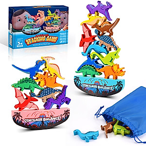 IPOURUP Dinosaur Toys for Kids 3-5: Wooden Stacking Montessori Toys for 3 4 5 6 7 Year Old Balance Competition Game for Family Ideal Easter Birthday Gifts for Kids Ages 3-7 (Double Version)