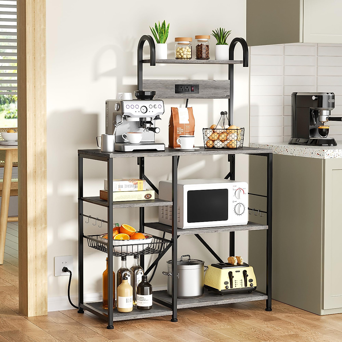 JAMFLY Bakers Rack with Power Outlet, Microwave Stand, kitchen Storage Shelf with 6 Hooks, Coffee Bar Station with Wire Basket, 6 Tier Kitchen Rack for Living Room, Spice, Pots and Pans Organizer